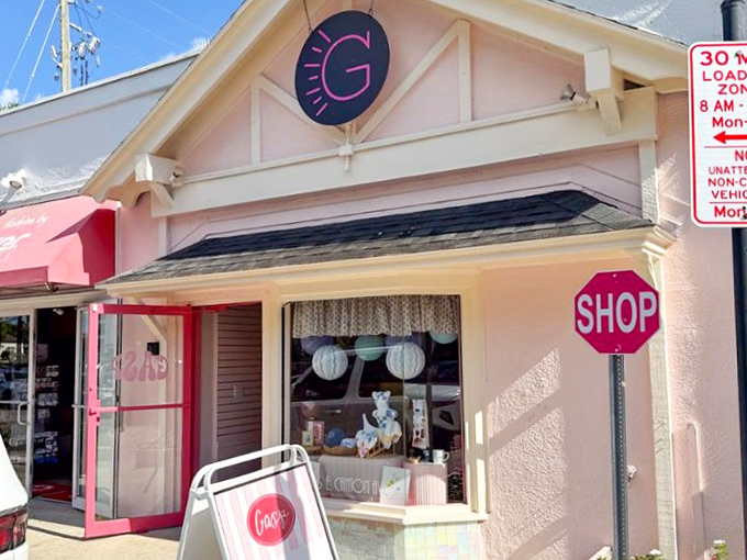 Gasp boutique's playful pink fa&ccedil;ade stands out among Winter Park's shops, promising unique finds for the fashion-forward visitor.
