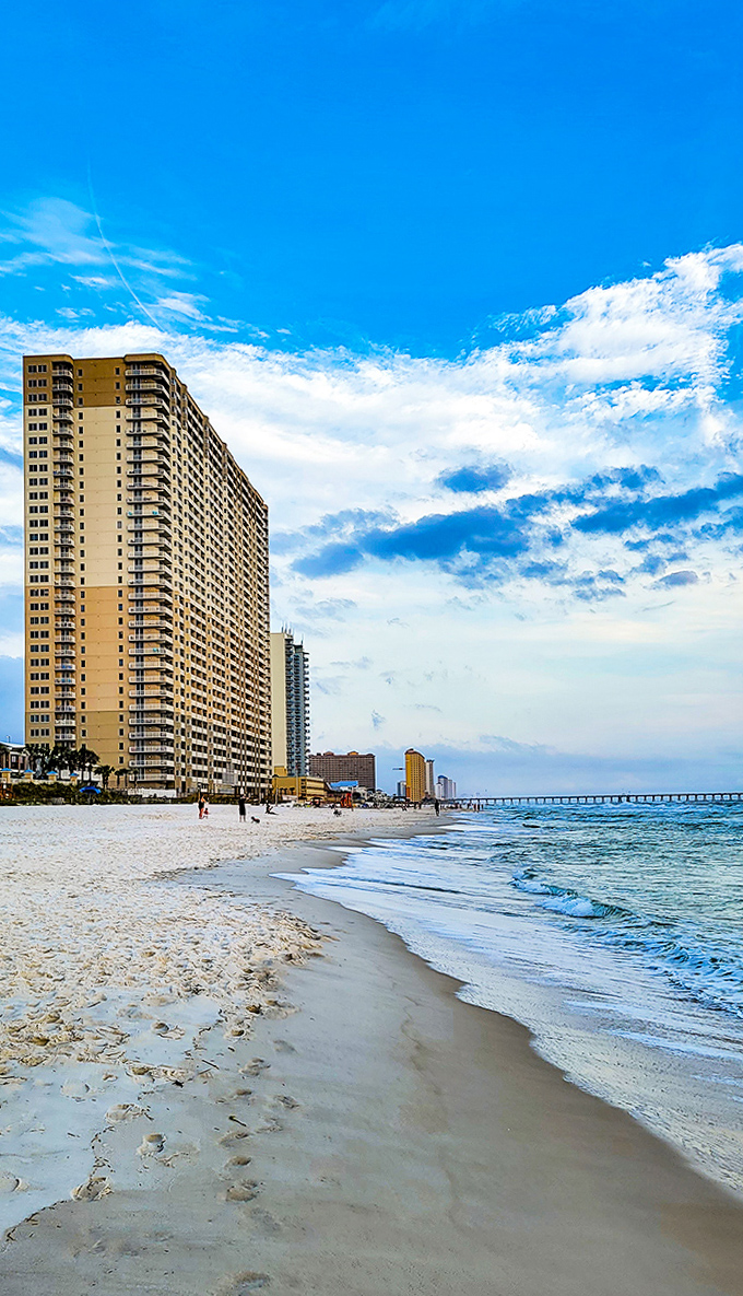 Panama City Beach's sugar-white sands stretch for miles along the Emerald Coast, framed by high-rise condos and the turquoise Gulf waters.