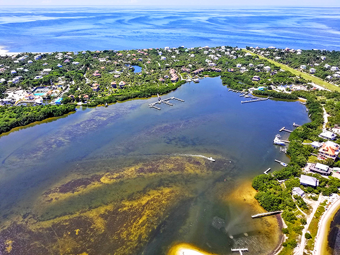 The aerial view of Gasparilla Island showcases its perfect balance of preserved natural areas and thoughtful development along the waterfront.
