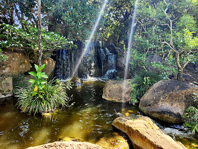 Waterfalls cascade over rocks while bonsai trees prove that good things really do come in small, perfectly manicured packages here.