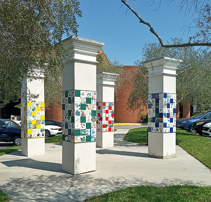 Colorful mosaic pillars welcome art lovers to the Polk Museum, where global treasures and local talents share the spotlight.