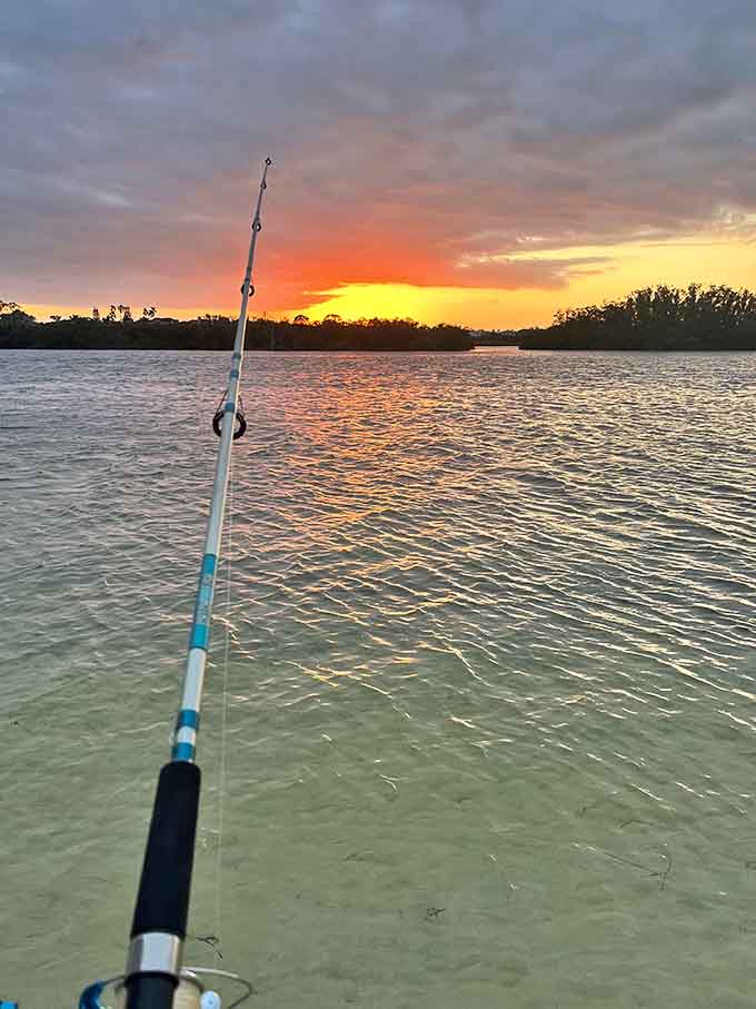 That fishing rod silhouette against the sunset represents hope, patience, and the eternal optimism that this cast will be the one.