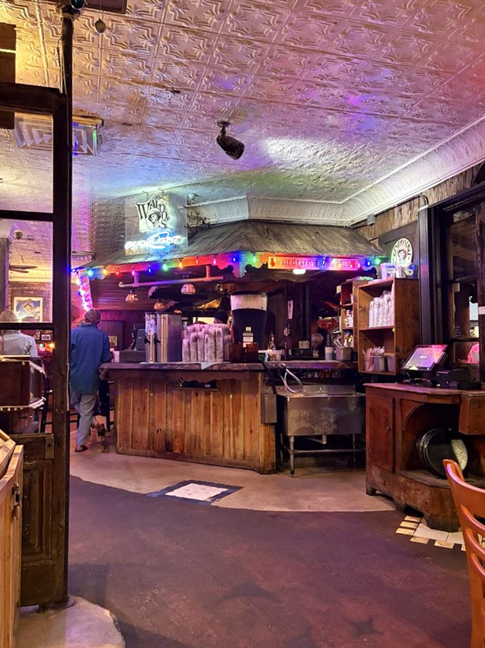 The bar area glows with character &ndash; weathered wood, twinkling lights, and the promise of stories waiting to be shared.