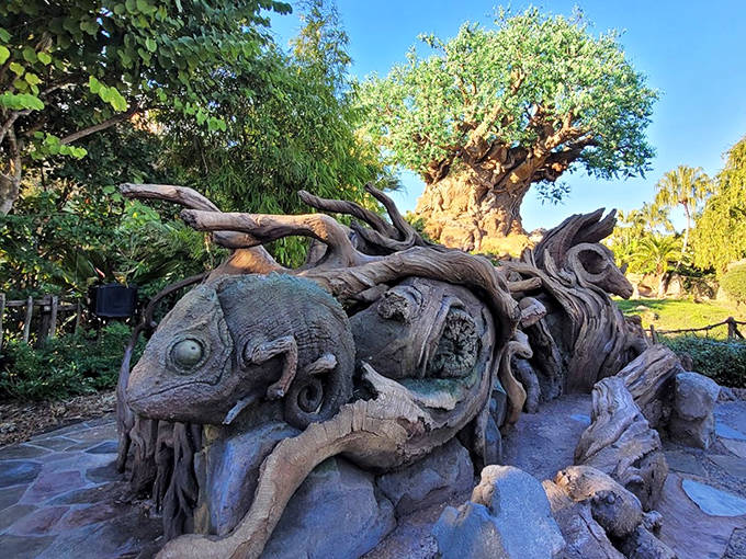 A chameleon emerges from the bark in a masterful example of Disney's artistic sleight-of-hand, blending so naturally you might walk right past it.