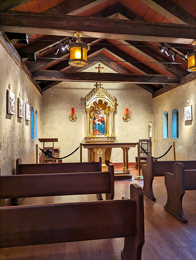Inside the chapel, time slows to a medieval pace. The wooden beams and amber lighting create an atmosphere that Instagram filters try desperately to replicate.