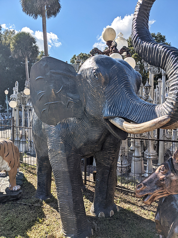 The gentle giant of the garden &ndash; this elephant statue trumpets your commitment to yard d&eacute;cor that goes beyond the ordinary flamingo.