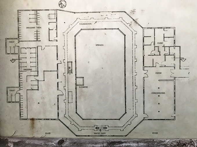 The bathhouse floor plan reveals the thoughtful design that accommodated everything from changing rooms to concessions &ndash; a full-service spa experience circa 1908.