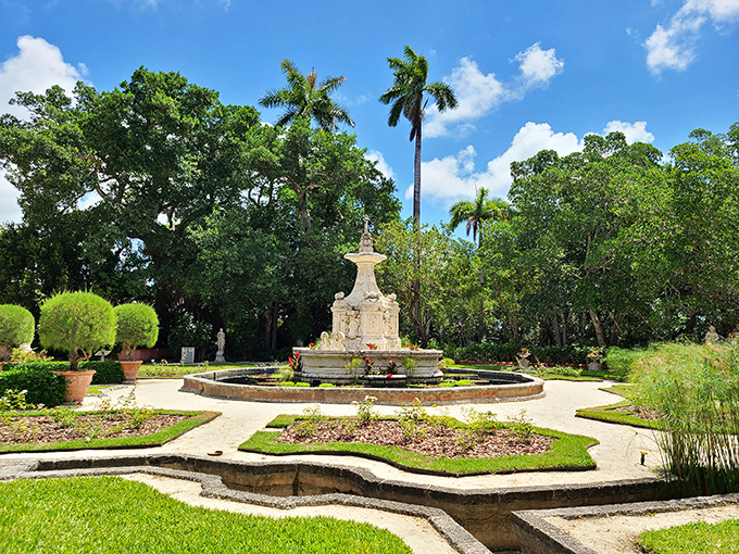 A fountain that serves as the garden's centerpiece, proving that water features have been making properties look expensive for centuries.
