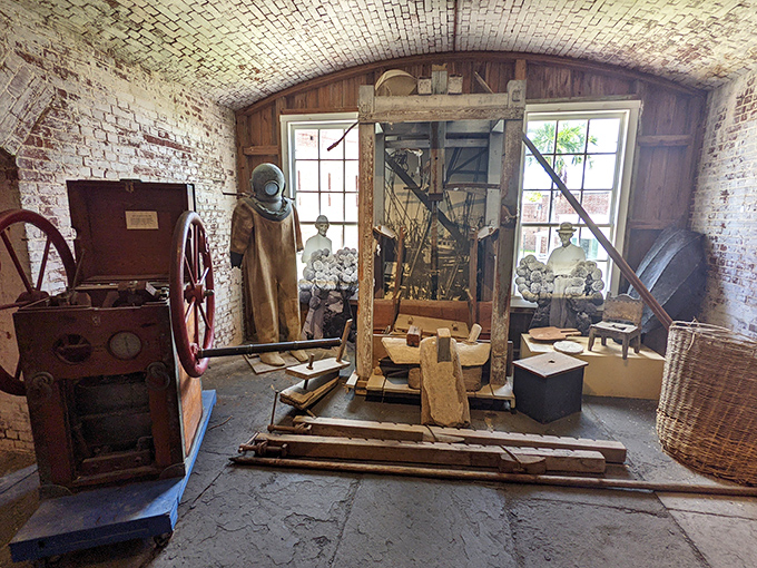 Industrial equipment from a bygone era stands silent, the massive machinery a testament to human ingenuity and physical labor.