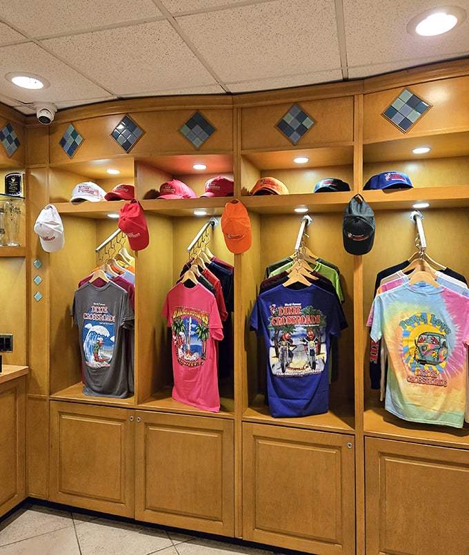 The merchandise corner offers a chance to take home a dancing shrimp souvenir &ndash; because some vacation memories deserve to be worn.