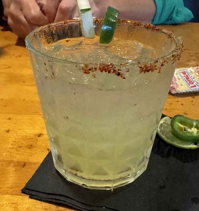 The spicy margarita arrives with a kick, perfect for washing down that Reuben or celebrating another successful meal.