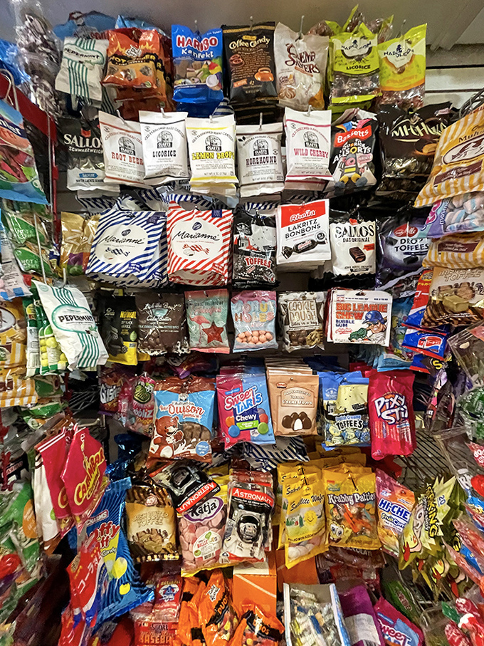 This wall of international treats transforms candy shopping into global exploration, no passport required – just an adventurous sweet tooth.