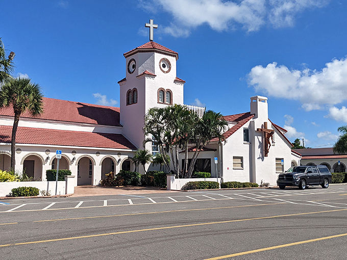 From this angle, you can appreciate the church's thoughtful layout and ample parking for both regulars and curious visitors.