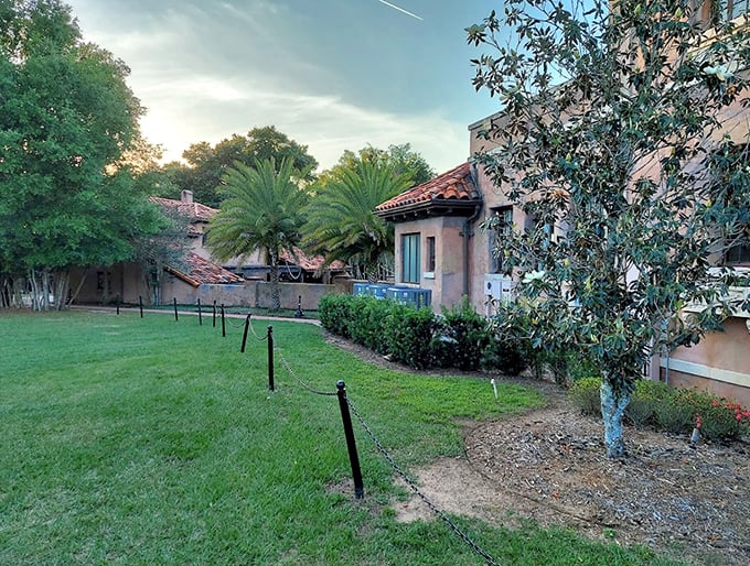 The rear gardens offer a serene retreat, with palm trees framing views of the mansion's distinctive architecture.