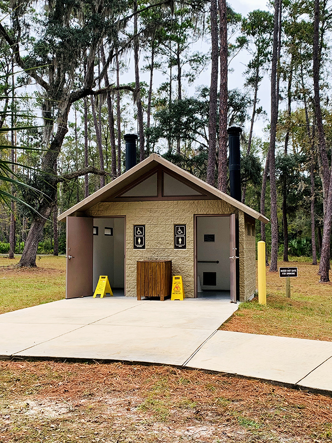 Even the restrooms blend harmoniously with the surroundings, proving function and aesthetics can peacefully coexist.