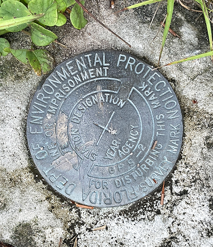 Survey mark: This unassuming metal disc represents our modern attempt to measure and understand what ancient builders accomplished with simpler tools.