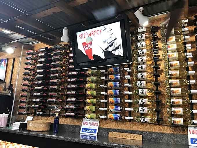 A wall of Florida wines displayed like the liquid treasures they actually are inside.