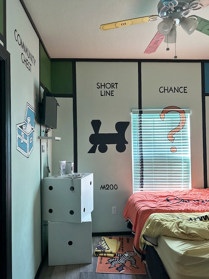 The Monopoly-themed bedroom brings the classic board game to life without the family arguments or mysteriously disappearing hotel pieces.