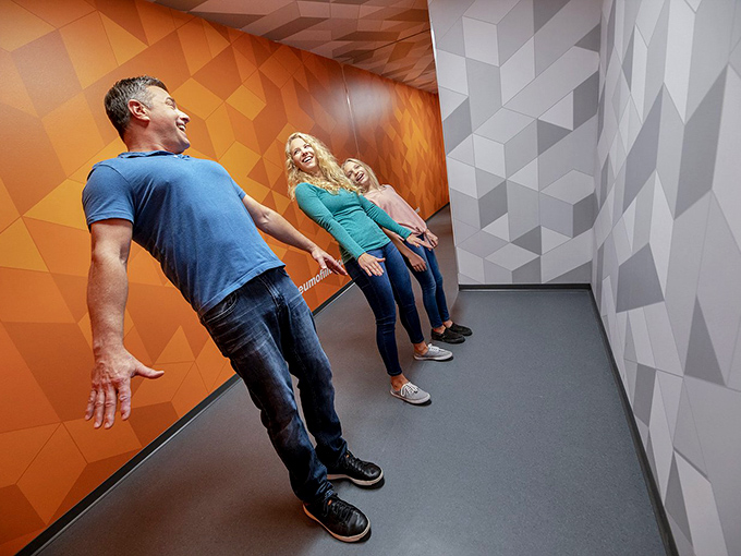 The Tilted Room creates the sensation of leaning at impossible angles, making ordinary poses look like gravity-defying stunts.