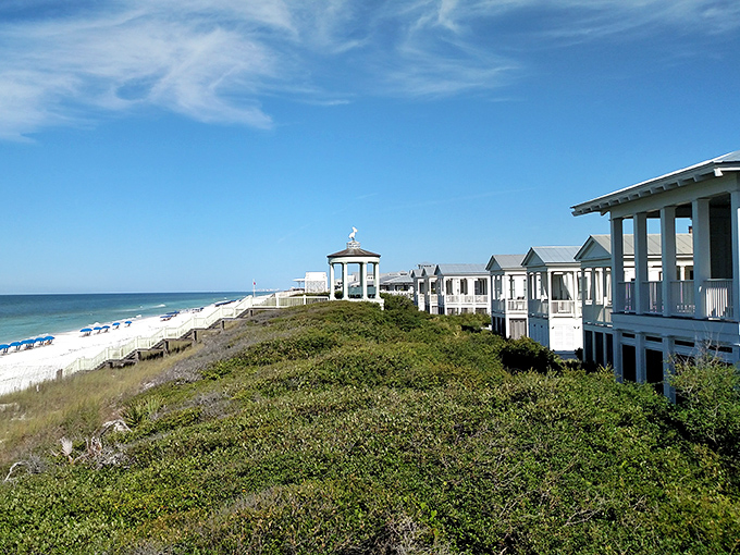 Natural vegetation creates a protective buffer between homes and beach, preserving dunes while framing million-dollar views of the Gulf.