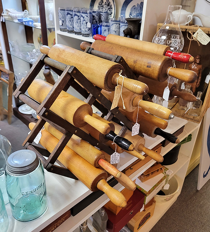 Grandma's baking legacy lives on in these wooden rolling pins, their handles worn smooth from years of pie crusts, cookies, and holiday preparations.
