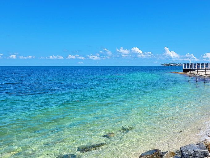 The water clarity here rivals swimming pools, but with the added bonus of occasional fish visitors and no chlorine hair damage.