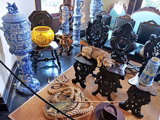The museum's collection of exotic artifacts speaks to Victorian fascination with foreign cultures &ndash; blue and white porcelain alongside carved figurines and decorative items.