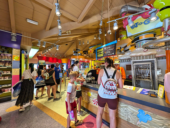 Families line up eagerly at the counter, their faces showing that universal expression of candy-shop anticipation.