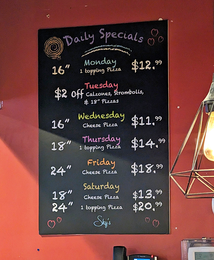 Daily specials rotate throughout the week, offering different size pies at special prices &ndash; Monday's 16-inch one-topping pizza is a local favorite.