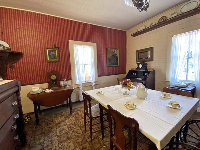 The dining room awaits imaginary guests, set with china that families would have used for special occasions, not just when Instagram-worthy company came over.