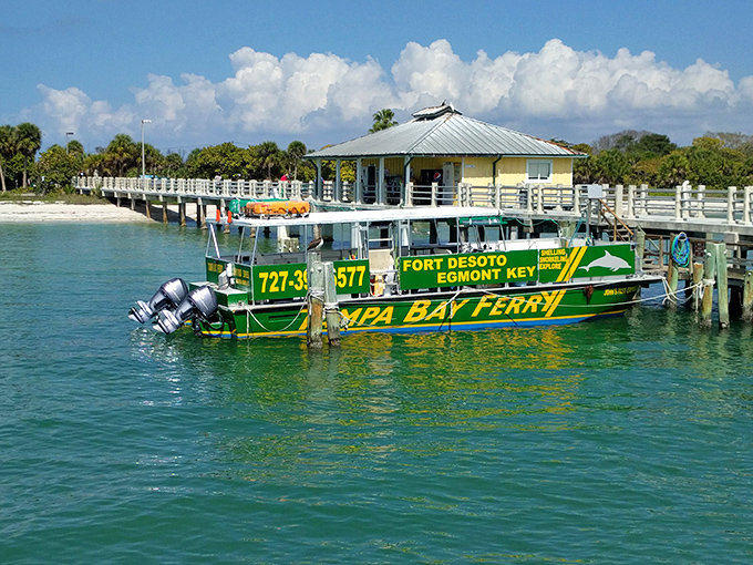 The Tampa Bay Ferry, painted the color of key lime pie, shuttles adventurers between worlds of civilization and untamed island beauty.