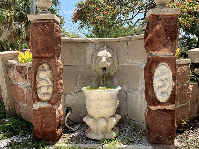 This ornate fountain combines classical design with Florida coquina stone, offering visitors both aesthetic pleasure and cool refreshment.