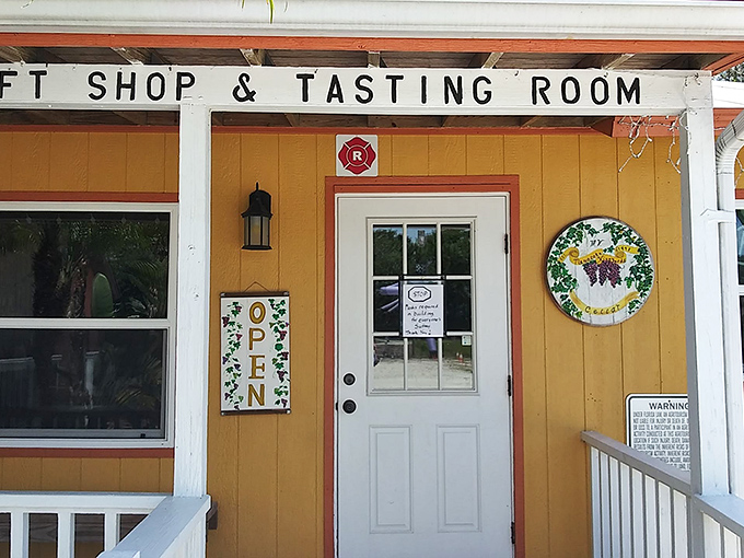 The cheerful yellow exterior of Fiorelli's gift shop and tasting room practically whispers, "Come in, the wine is fine and the puns are free."