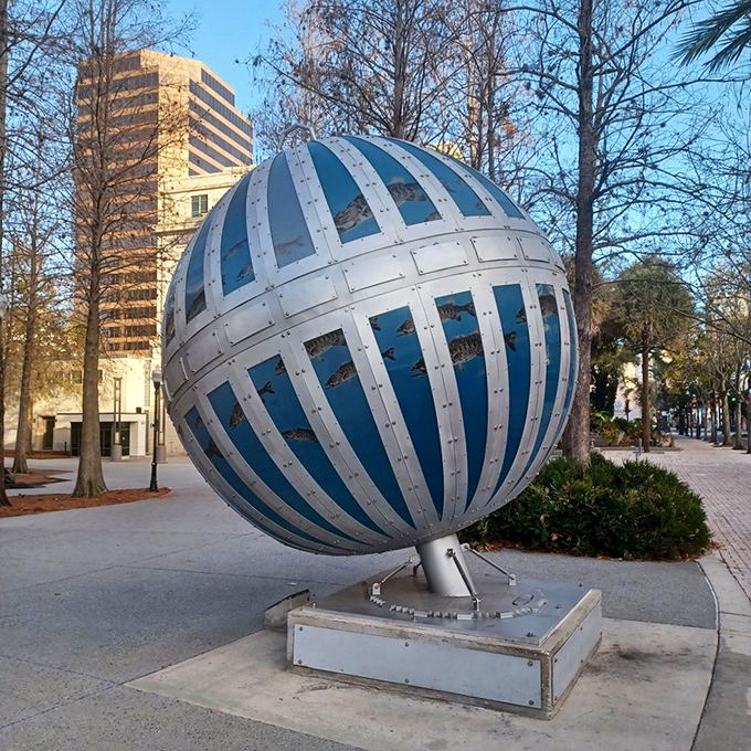 From this angle, the massive orb seems to defy gravity, its substantial weight balanced perfectly on its sturdy base.