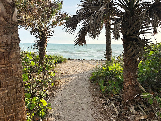 A sandy path flanked by swaying palms beckons visitors toward the turquoise waters &ndash; nature's own red carpet entrance.
