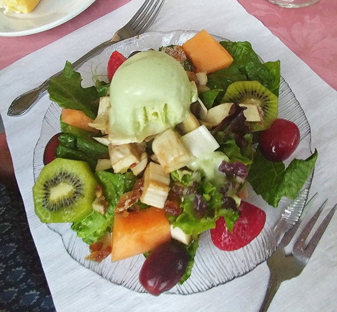 The mint-green ice cream slowly melting into the salad creates a makeshift dressing that unites all components in delicious harmony.