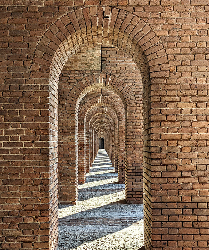 Walking through Fort Jefferson's seemingly endless brick archways creates a mesmerizing tunnel effect that's catnip for photographers and history buffs alike.