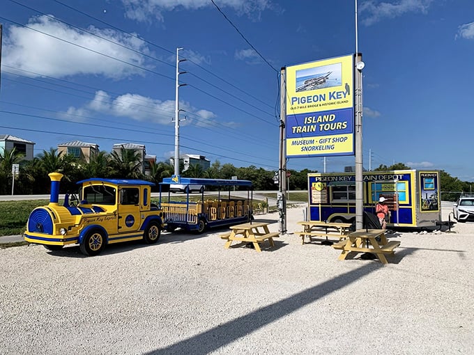 The vibrant signage promises more than just transportation – it's an invitation to discover island treasures most visitors never see.