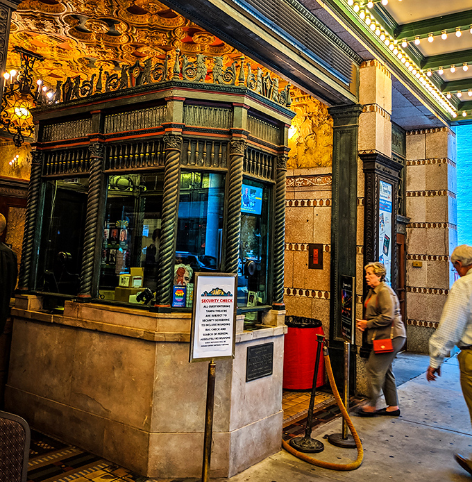 The ticket booth stands as a time capsule from when movie tickets were your passport to worlds of wonder, not just another app transaction.
