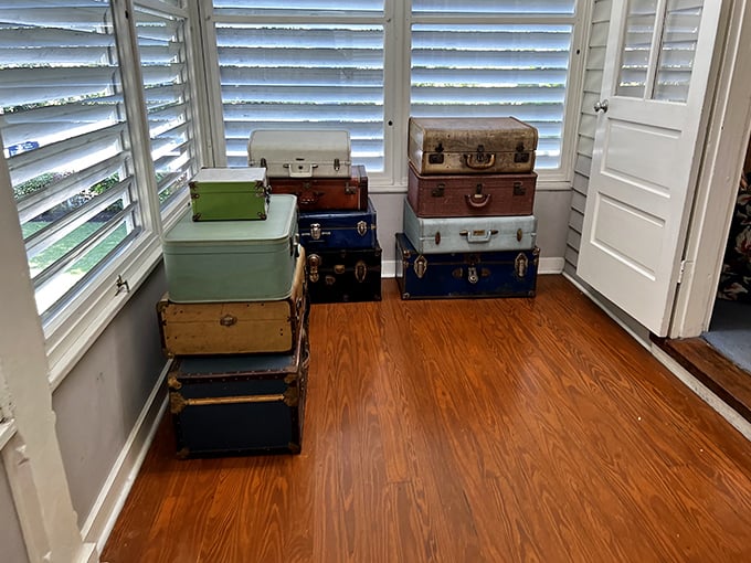 Vintage luggage stacked neatly in the corner tells stories of presidential travel in a different era &ndash; no rolling suitcases for these high-stakes diplomatic journeys.