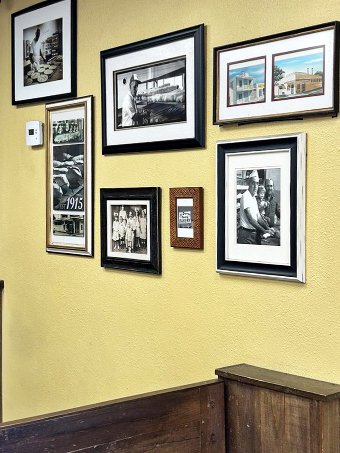 Black and white photographs tell the story of La Segunda's history, creating a gallery of memories on the bakery's walls.