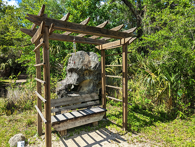 A wooden pergola creates the perfect meditation spot. Sit here long enough and you might forget your password troubles.