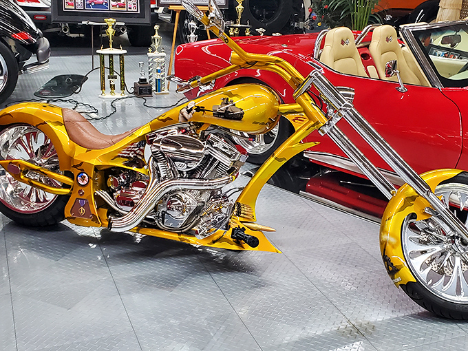 This golden custom chopper isn't just transportation&mdash;it's wearable sculpture that happens to have an engine and wheels.