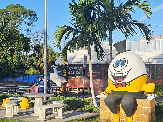 The smiling egg mascot with his dapper top hat welcomes you to Skyway Jack's, where breakfast is serious business but the atmosphere is anything but.