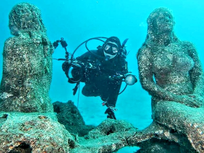 Between these two mermaid sculptures swims a daily soap opera of fish politics, romance, and the eternal search for lunch.