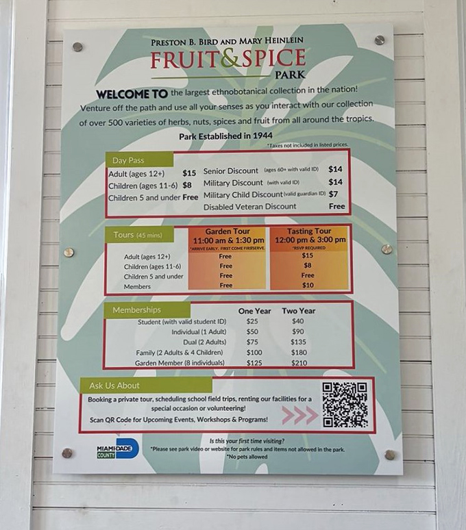 The admission sign reveals the park's been educating visitors since 1944 &ndash; that's a lot of fruit knowledge!