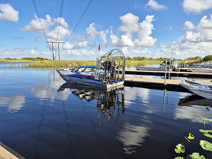 Morning light creates perfect reflections of these airboats &ndash; engineering marvels designed specifically for navigating the shallow Everglades.