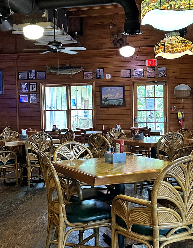Island-inspired interior: Bamboo chairs, wooden walls, and mounted fish create an atmosphere that's equal parts maritime museum and cozy beach shack.