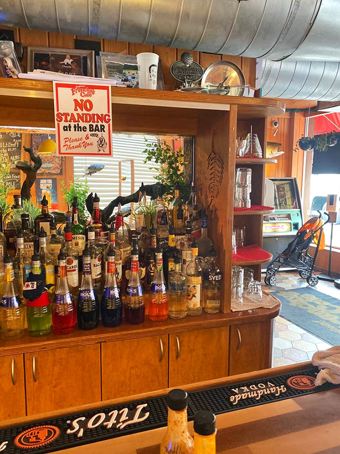 No Standing at the Bar &ndash; a gentle reminder that some rules exist even in this laid-back seafood sanctuary.