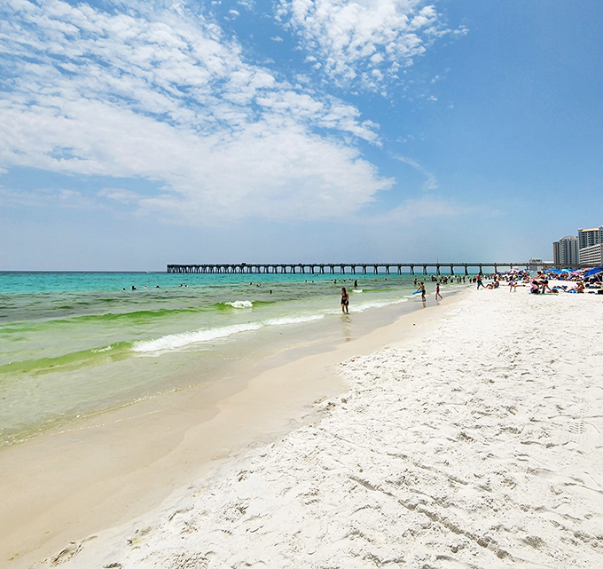 The pier's architectural rhythm creates a hypnotic pattern stretching toward the horizon.